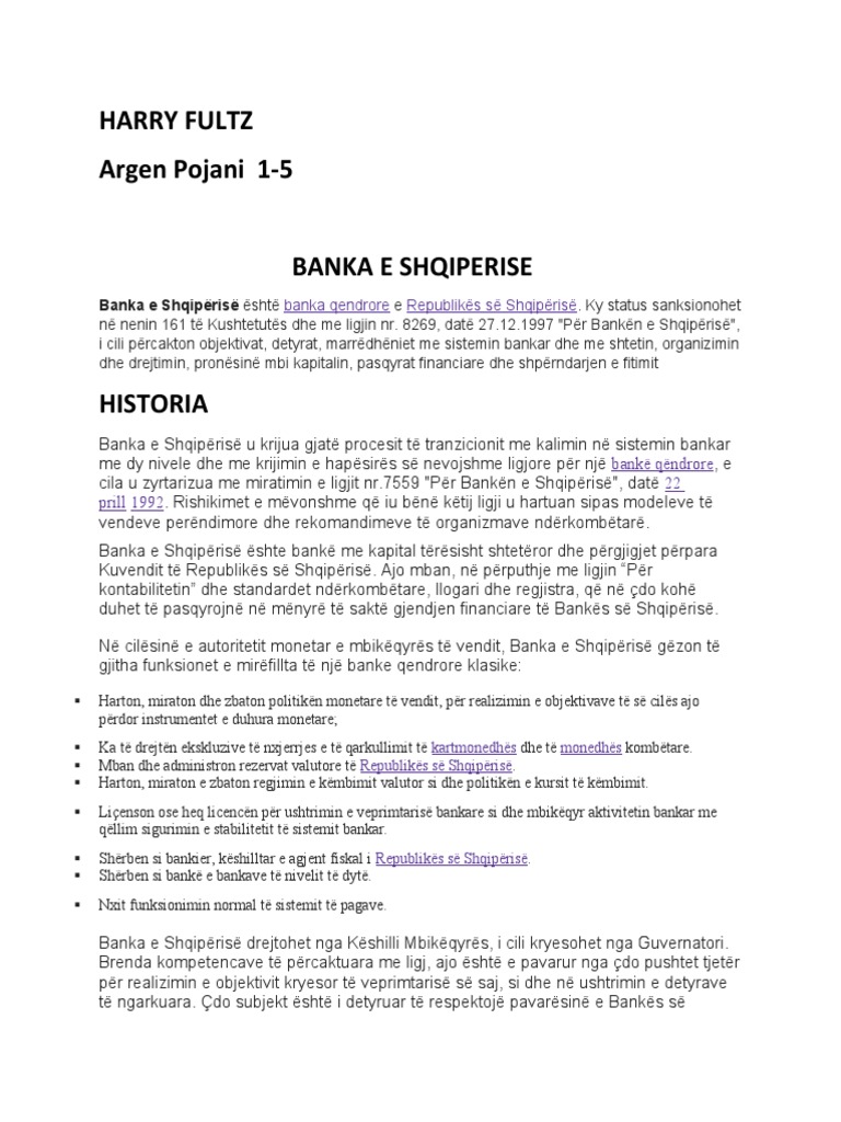 Harry Fultz Argen Pojani 1-5 Banka E Shqiperise: Bankë Qëndrore 22 Prill 1992 | PDF
