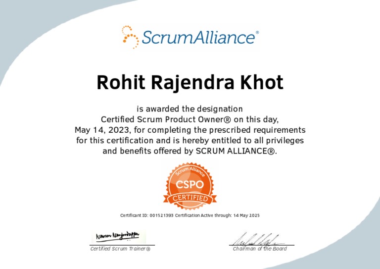 Rohit Rajendra Khot-ScrumAlliance CSPO Certificate | PDF