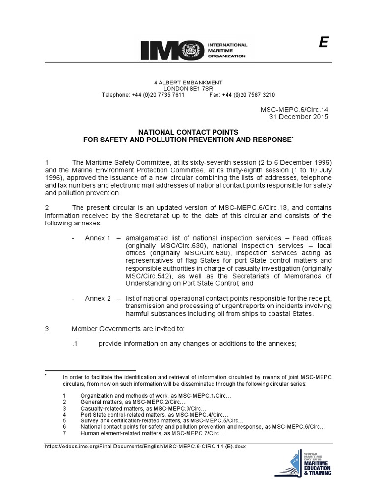 MSC-MEPC.6-Circ.14 - National Contact Points For Safety And Pollution ...
