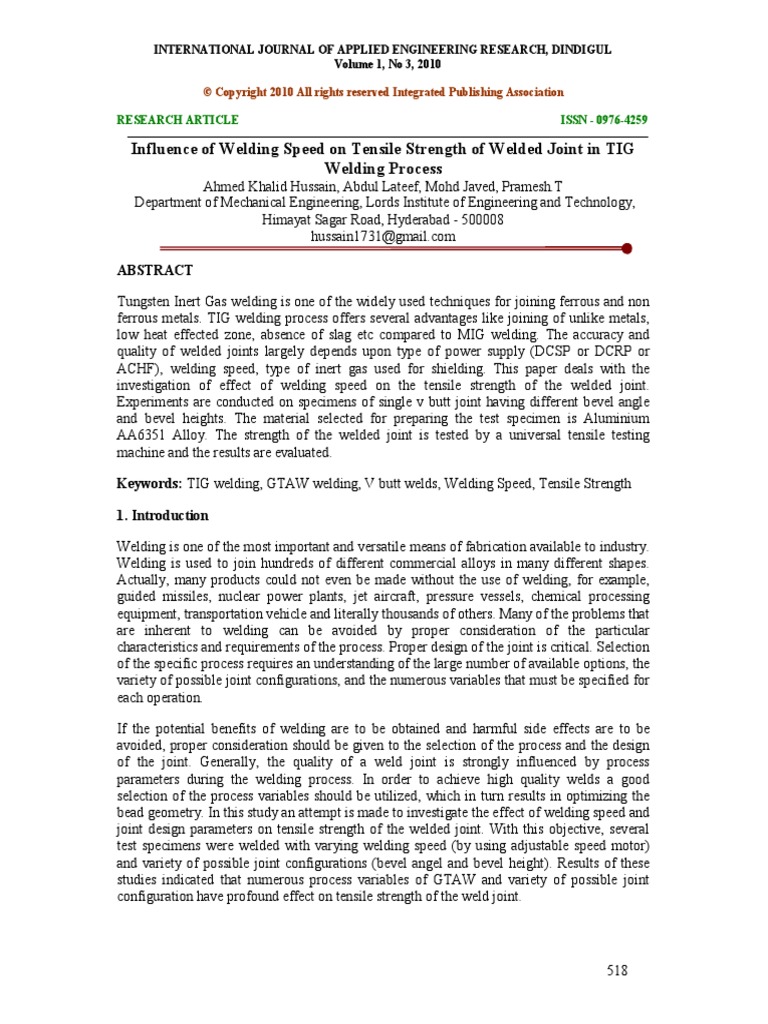 Hussain, Javed - 2010 - Influence of Welding Speed On Tensile Strength of Welded Joint in TIG ...