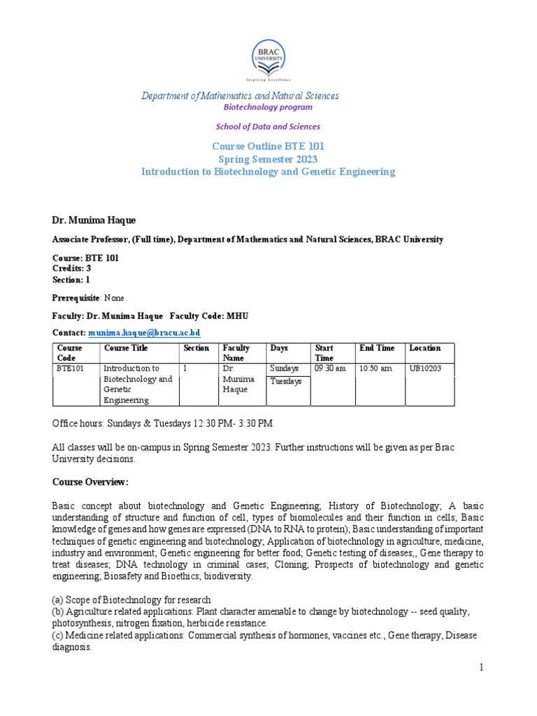 BTE101 Course Outline DMH BRACU Physicalclass Section1 20-1-2023 | PDF | Biotechnology | Genetic ...
