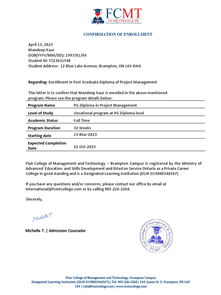 Mandeep Enrollment Letter | PDF | Career & Growth