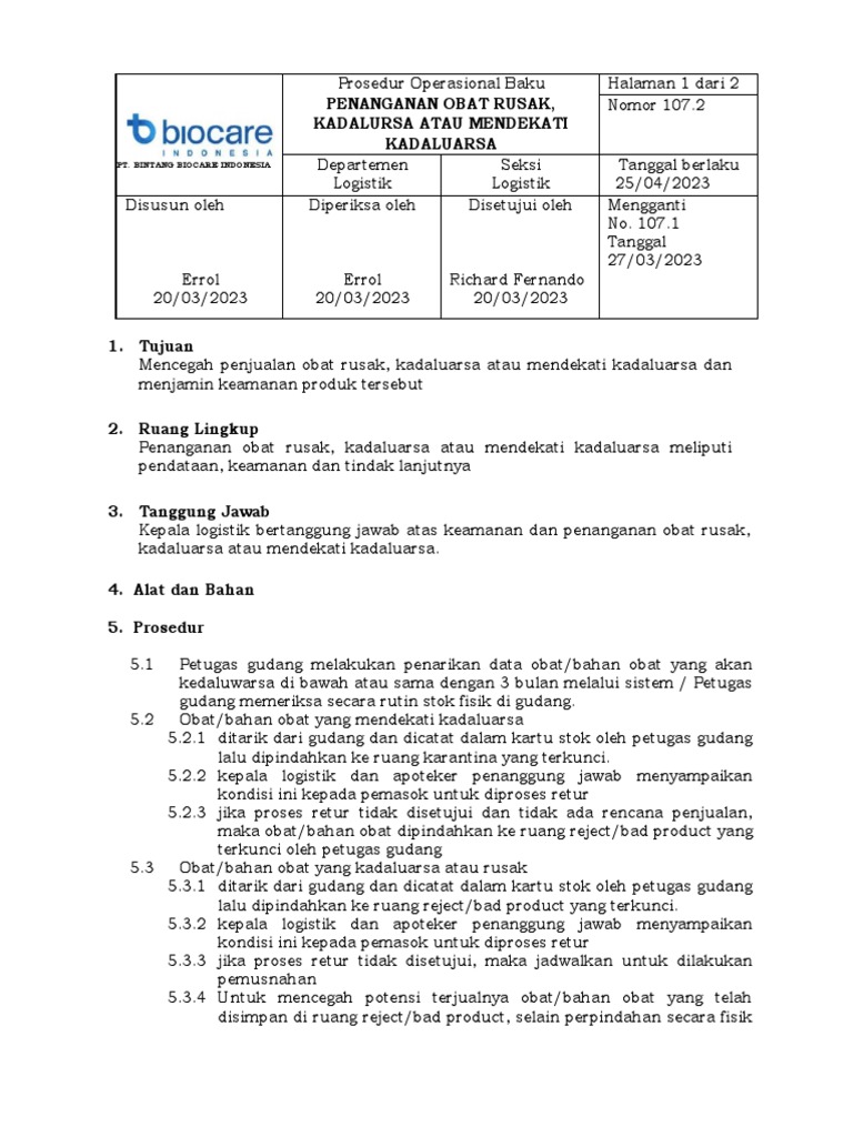 Sop Penanganan Obat Rusak, Kadalursa Atau Mendekati Kadaluarsa | PDF