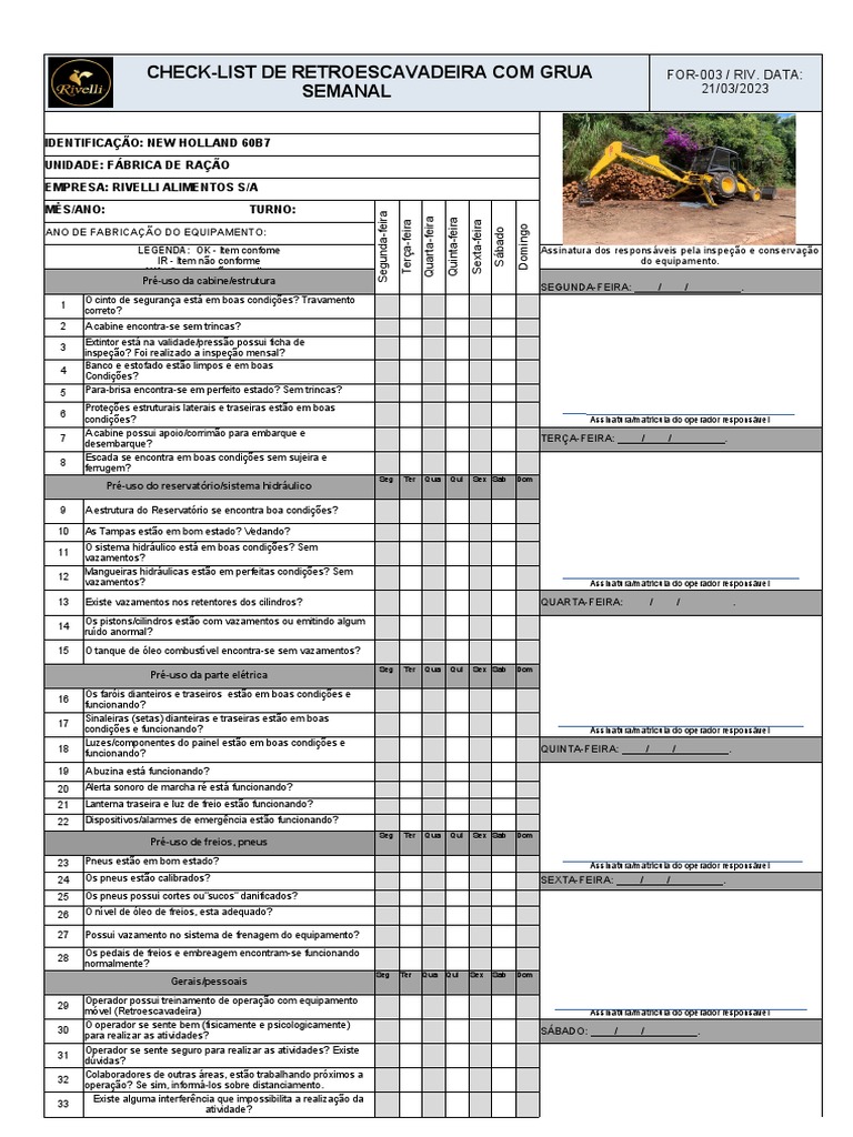 Check List Retroescavadeira | PDF | Veículos