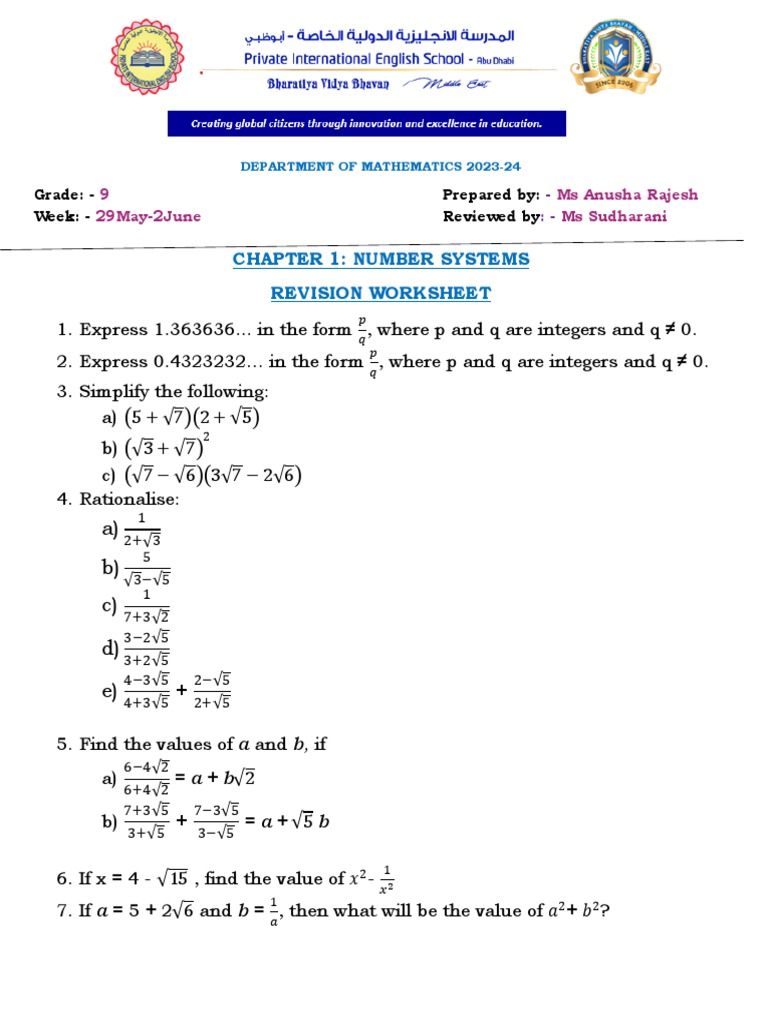 Number Systems Revision Worksheet Pa-1 | PDF