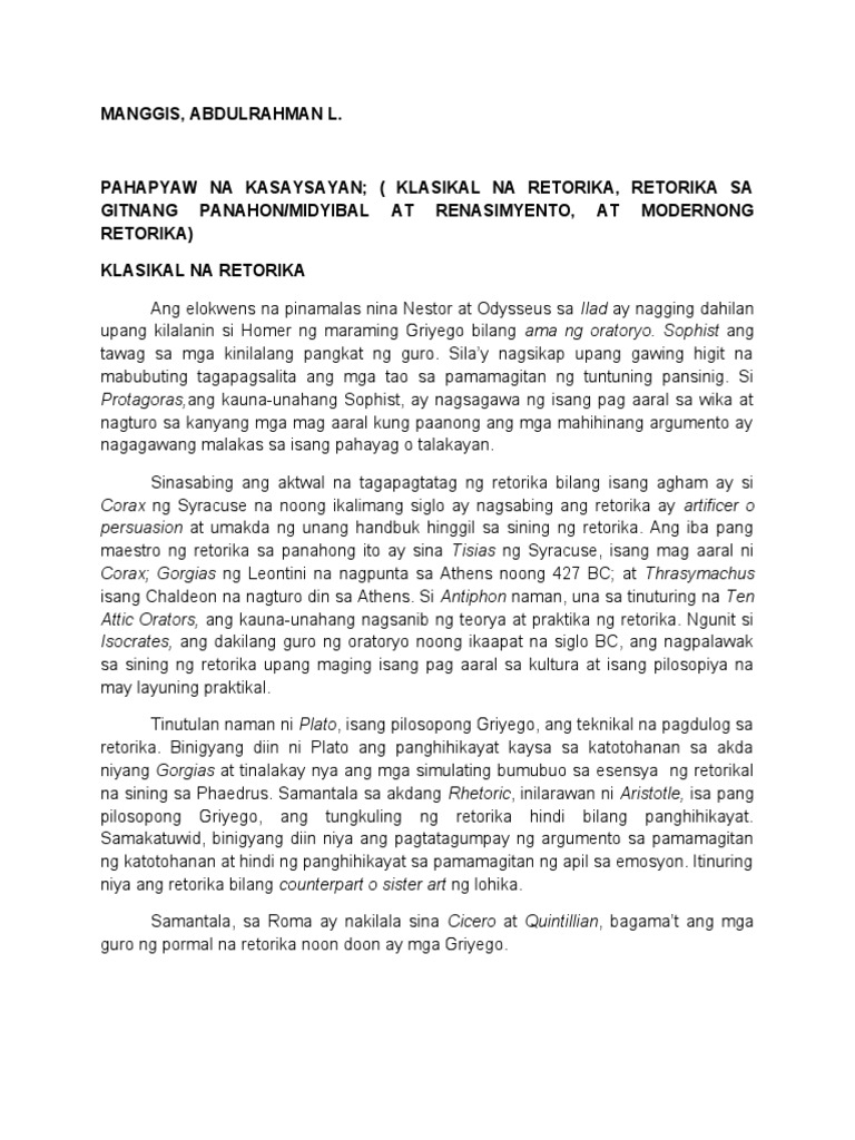 Pahapyaw Na Kasaysayan Klasikal Na Retor | PDF