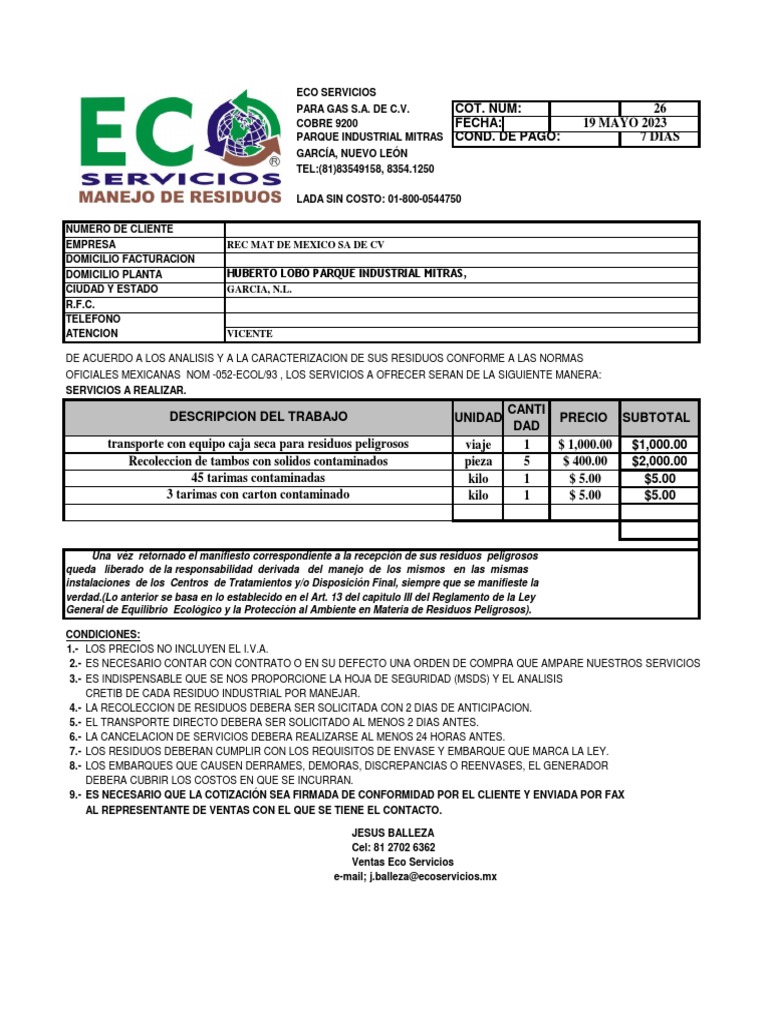 Eco Servicios Cotizacion Rec Mat (1187) | PDF
