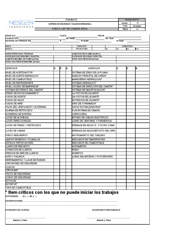 Nesgen-Gsst-03 Check List de Camion Grua | PDF | Camión | Carros deportivos