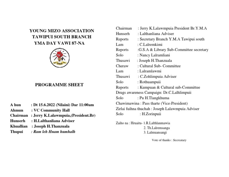 YOUNG MIZO ASSOCIATION Day Prog | PDF