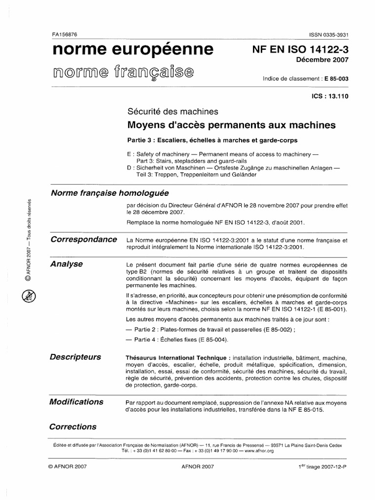 En 14122 3 Accès Aux Machines Escaliers Échelles À Marche Et Garde ...