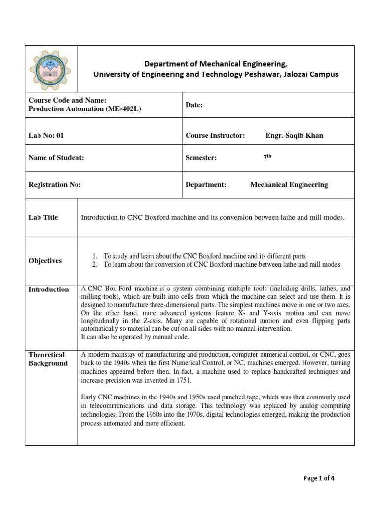 Lab Task 01 (Intro To CNC Boxford) | PDF