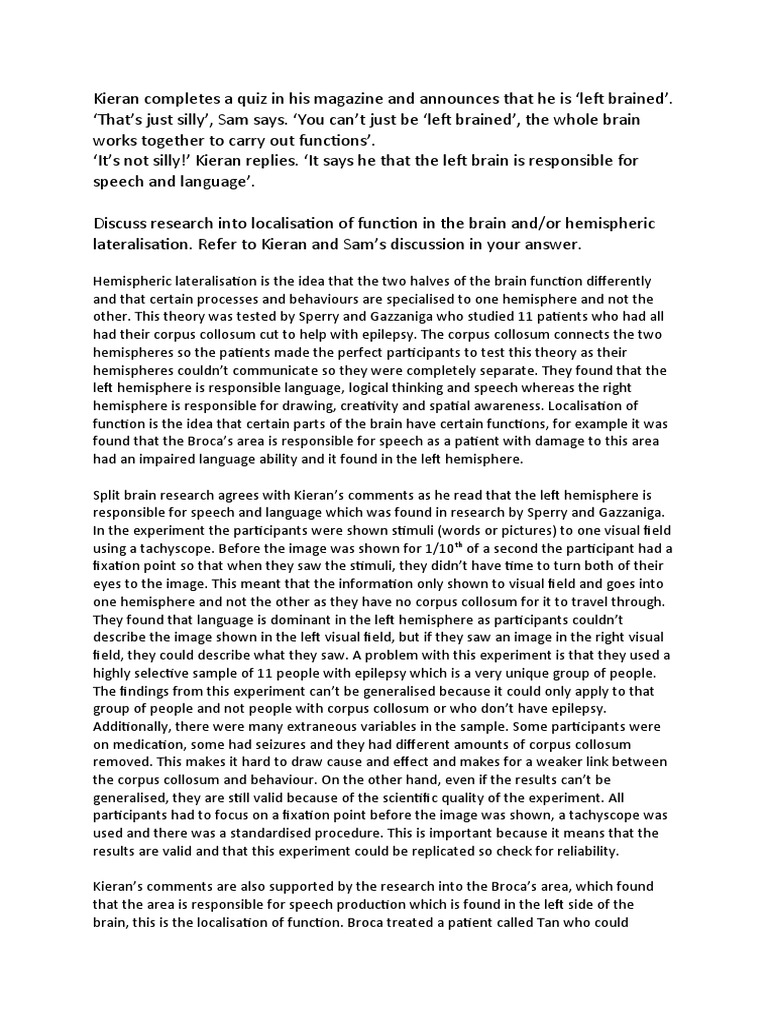 Hemispheric Lateralisation 16 Marker Pdf Lateralization Of Brain Function Organ Anatomy