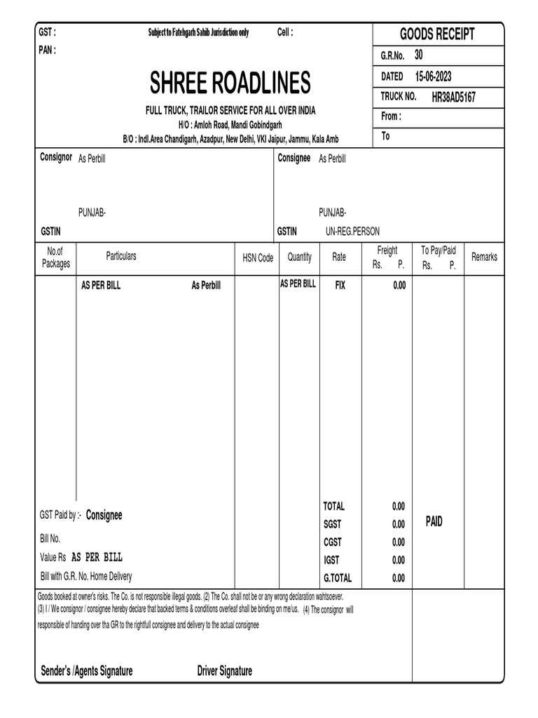 Shree Roadlines: Goods Receipt | PDF