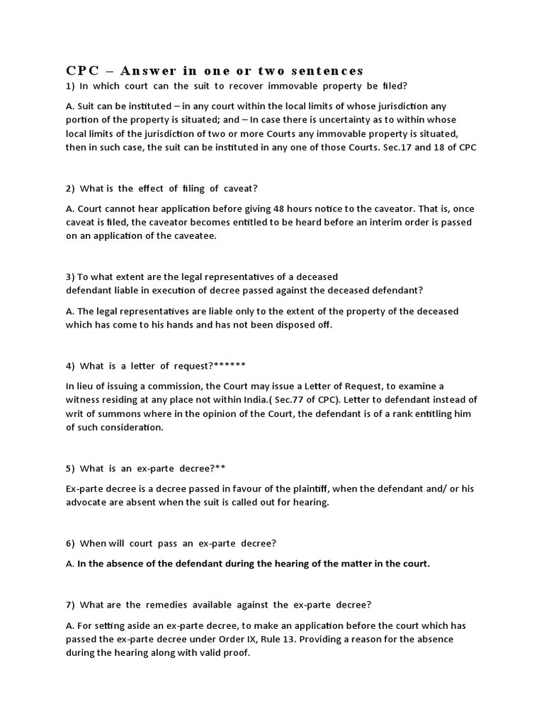 CPC - One Line Question Short Notes and Broad Questions | PDF