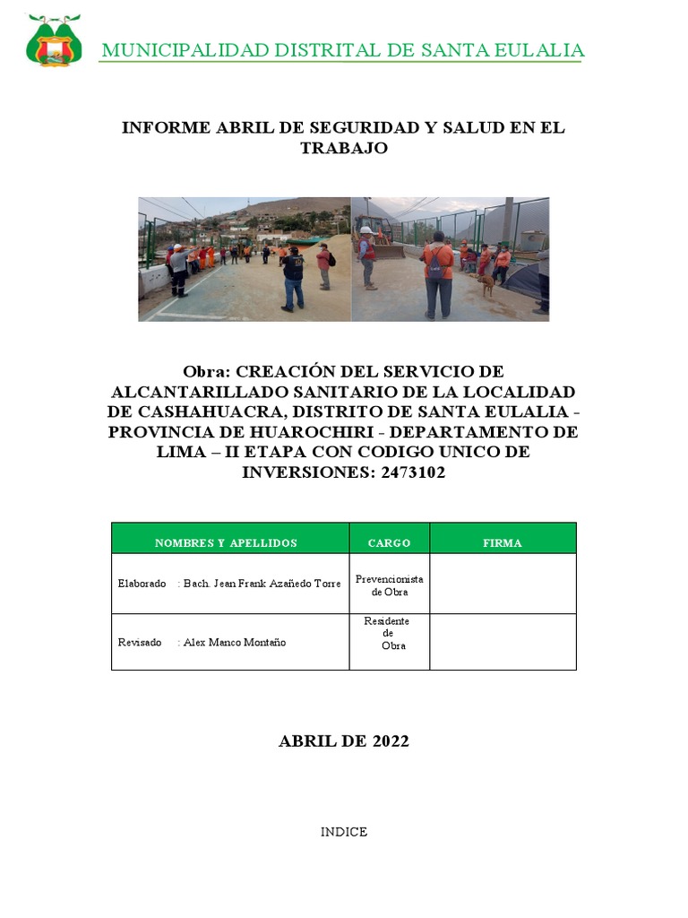 Informe Mensual N°8 Seguridad y Salud Ocupacional | PDF | La seguridad | Las condiciones de trabajo