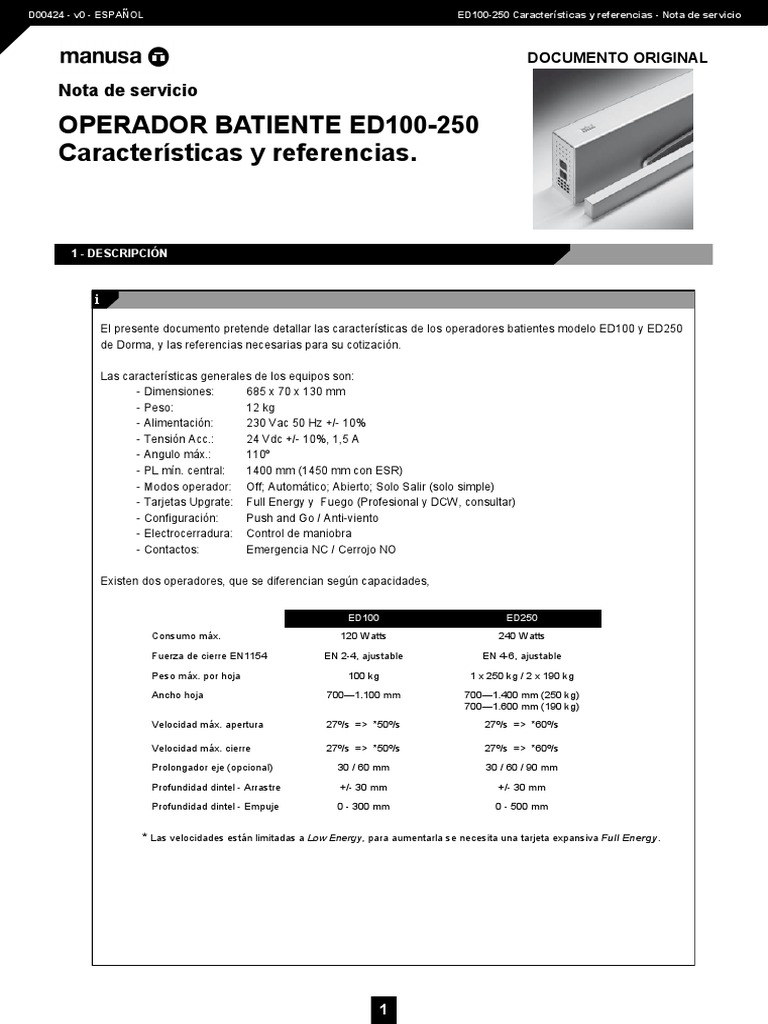 D00424ES-Operador Batiente ED100-250 | PDF