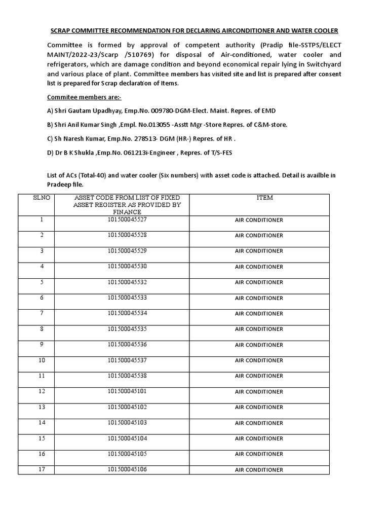 Scrap Committee Recommendation For Declaring Airconditioner and Water ...
