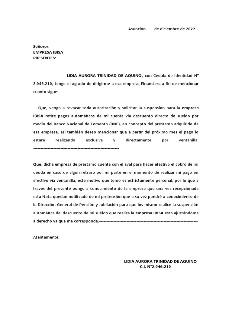 Nota para La Empresa IBISA | PDF