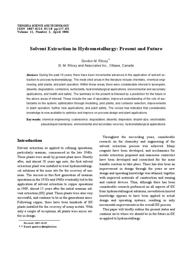 Solvent Extraction in Hydrometallurgy: Present and Future: Received ...