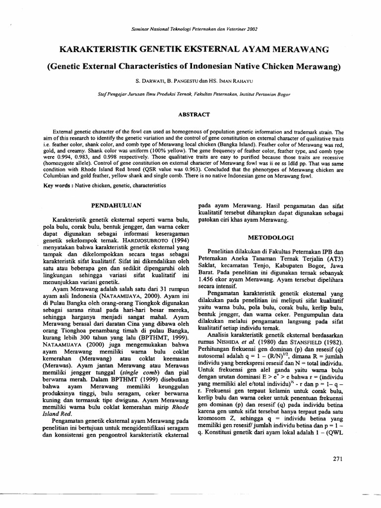 Karakteristik Genetik Eksternal Ayam Merawang | PDF