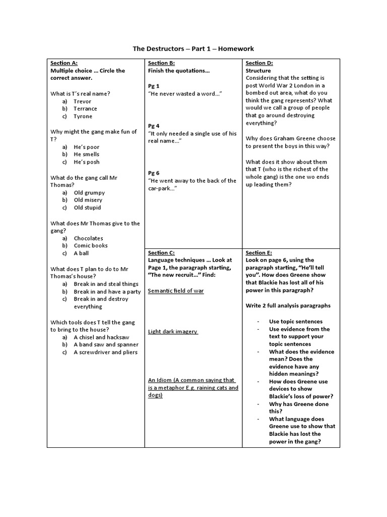 Part 1 - The Destructors - Homework | PDF | Human Communication ...