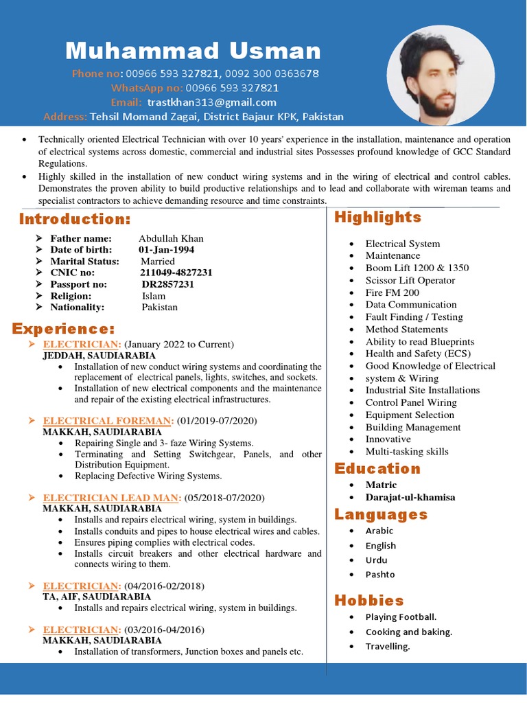 Muhammad Usman CV | PDF | Electrical Wiring | Electrician