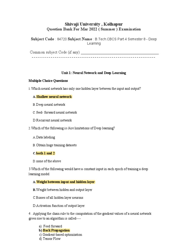 DL MCQ | PDF | Artificial Neural Network | Deep Learning