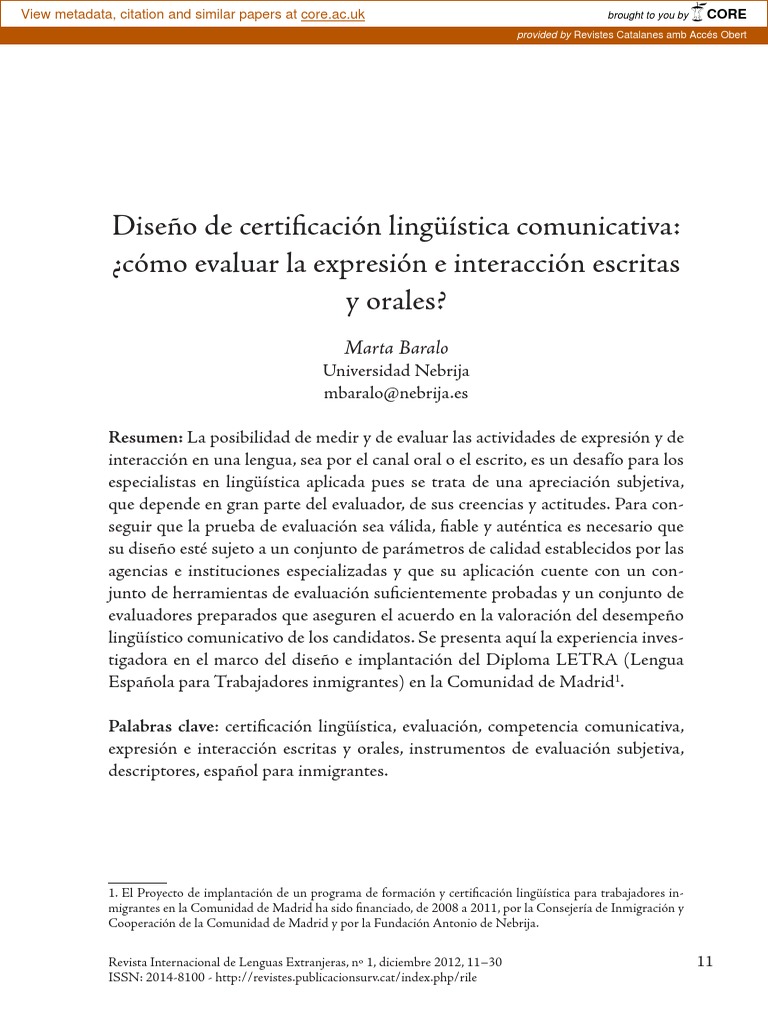 Baralo - Diseño de Certificación Lingüística Comunicativa | PDF | Lingüística | Comunicación