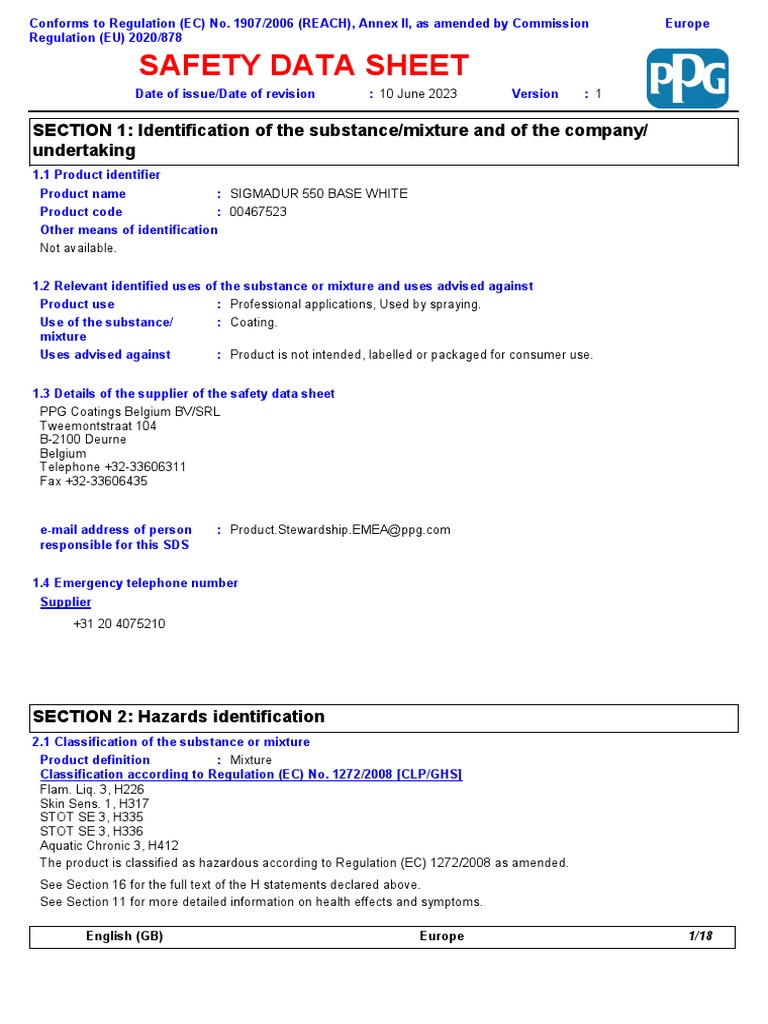 Sigmadur 550 Base White | PDF | Personal Protective Equipment | Chemistry