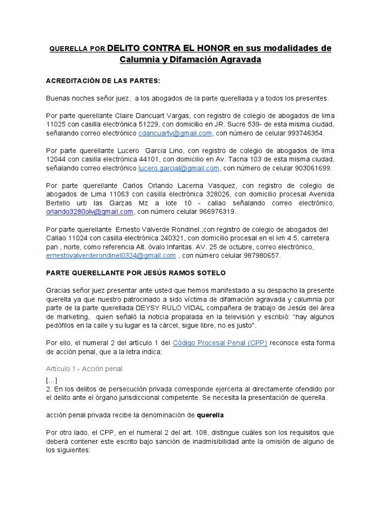 QUERELLA POR DELITO CONTRA EL HONOR en Sus Modalidades de Calumnia y Difamación Agravada | PDF ...