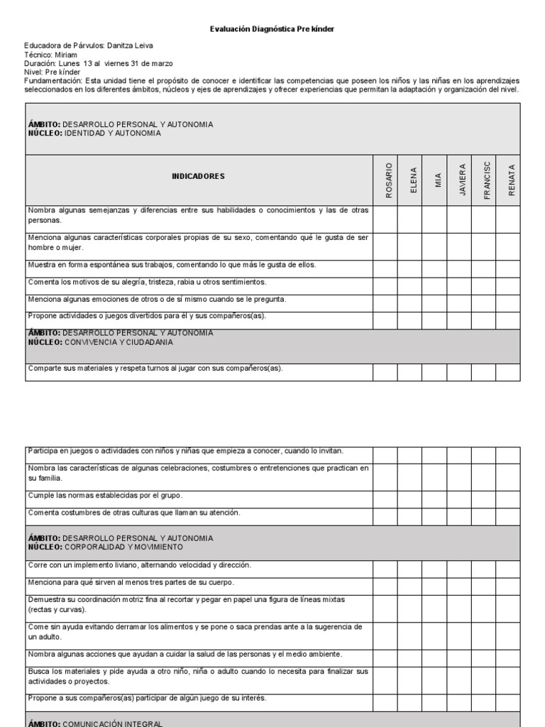 Evaluación Diagnóstica Pre Kinder Pdf Entorno Natural Educación 4708