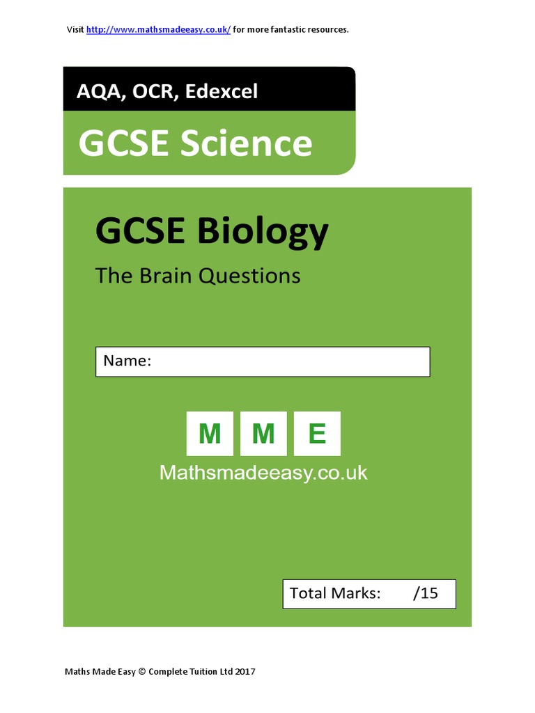 Gcse Biology Aqa Ocr Edexcel The Brain Questions | PDF
