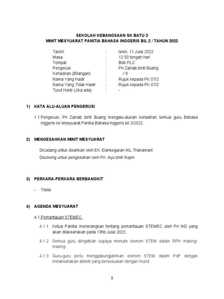 Minit Mesyuarat Panitia Bil 2 2022 | PDF