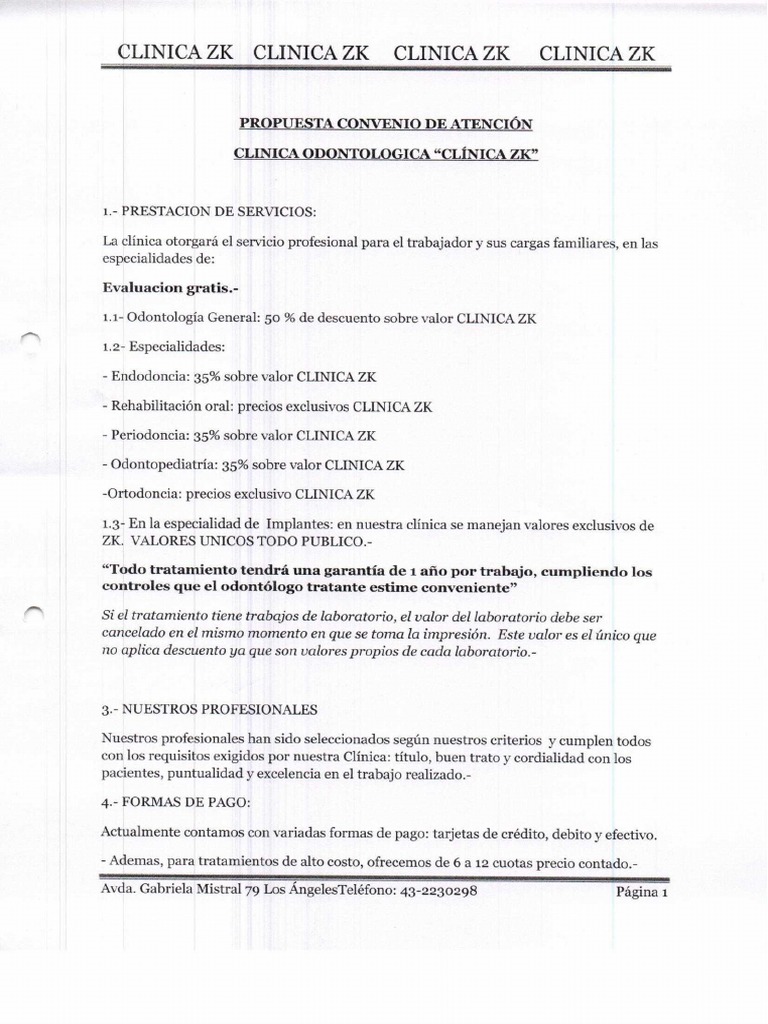 Convenio Dental Clinica ZK | PDF