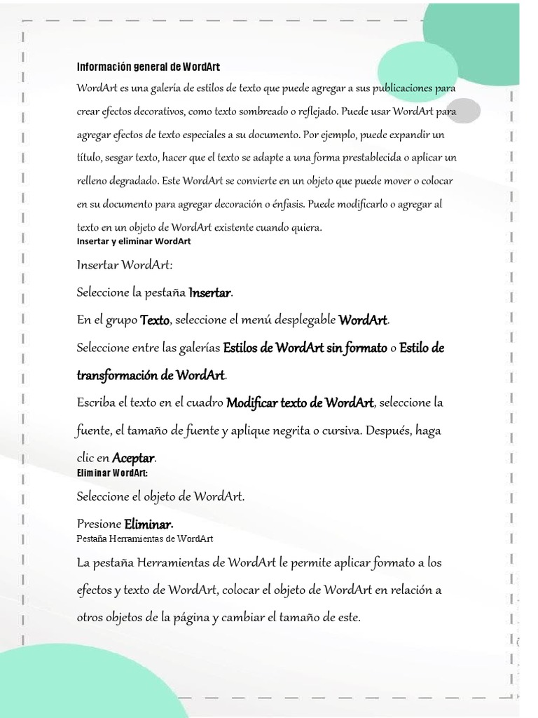 Información General de Wordart: Insertar Y Eliminar Wordart | PDF | Sombra | Color