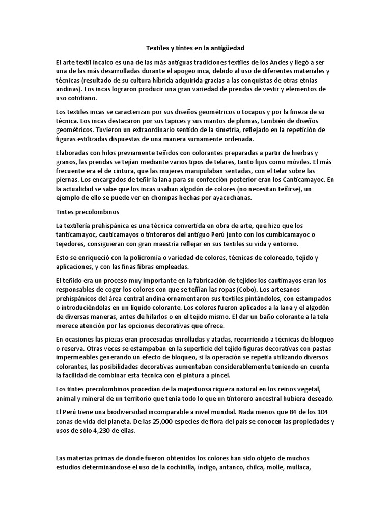 Tintes y Textiles en la Cultura Incaica | PDF | Imperio Inca | Ropa