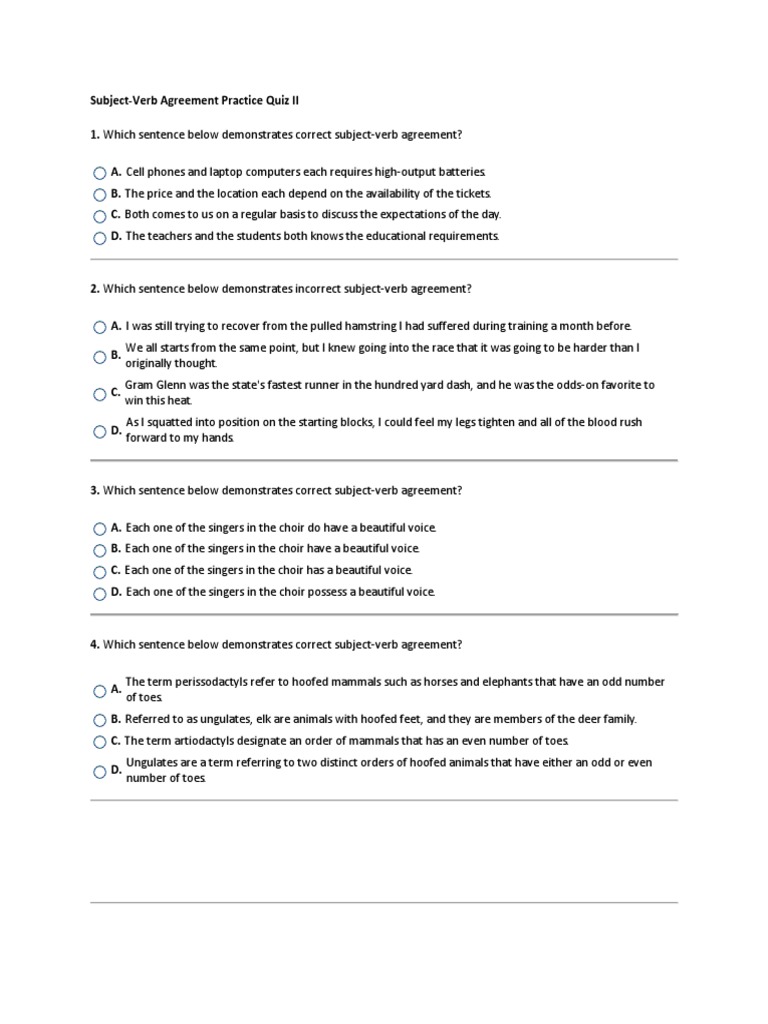 Subject-Verb Agreement Quiz II | PDF | Language Arts & Discipline ...