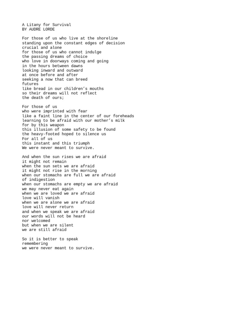 Audre Lorde's Litany for Survival Analysis | PDF | Language Arts ...