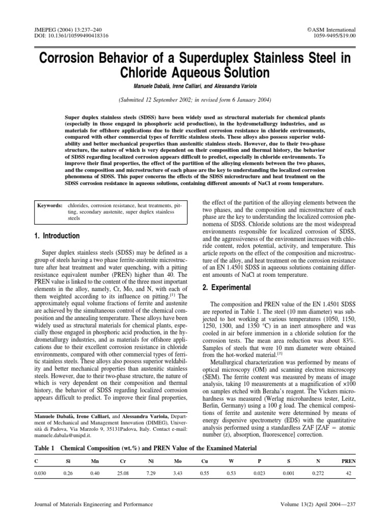 Corrosion Behavior of A Superduplex Stainless Steel in Chloride Aqueous Solution PDF | Download ...