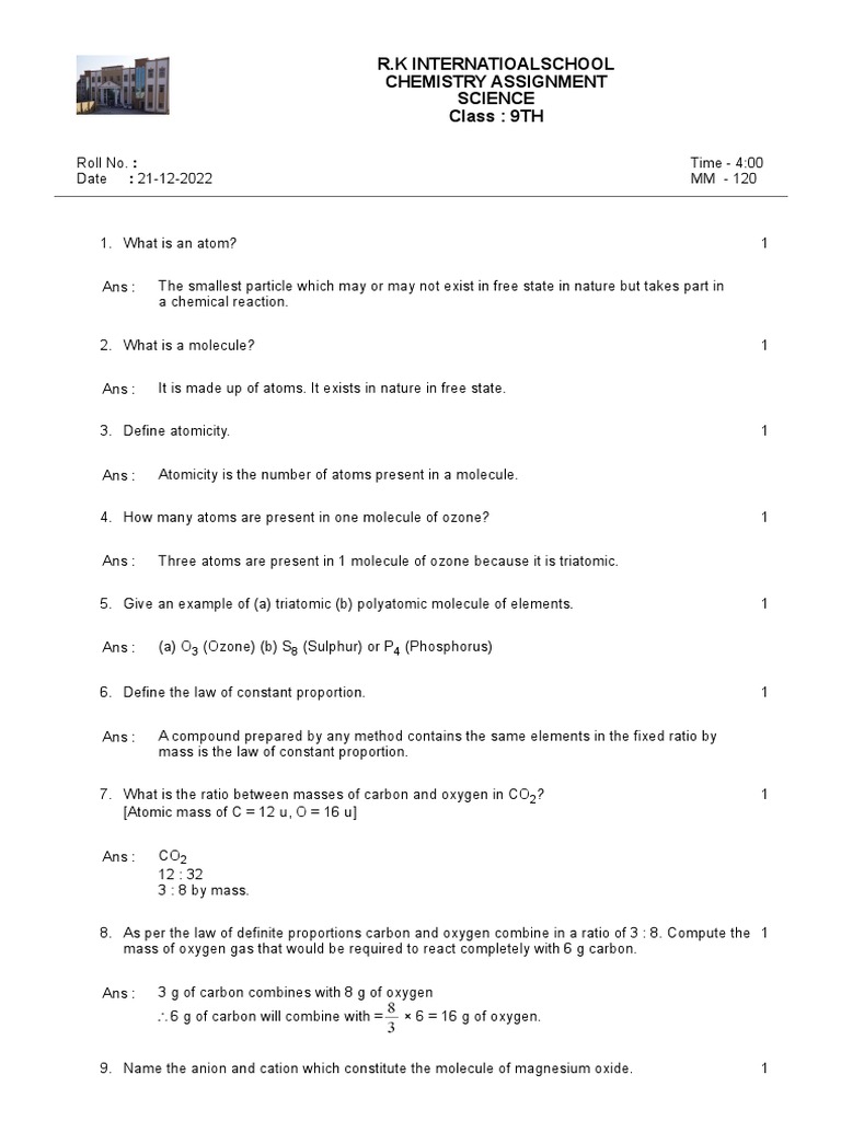 Chemistry Class 9th Solved | PDF | Atoms | Atomic Nucleus