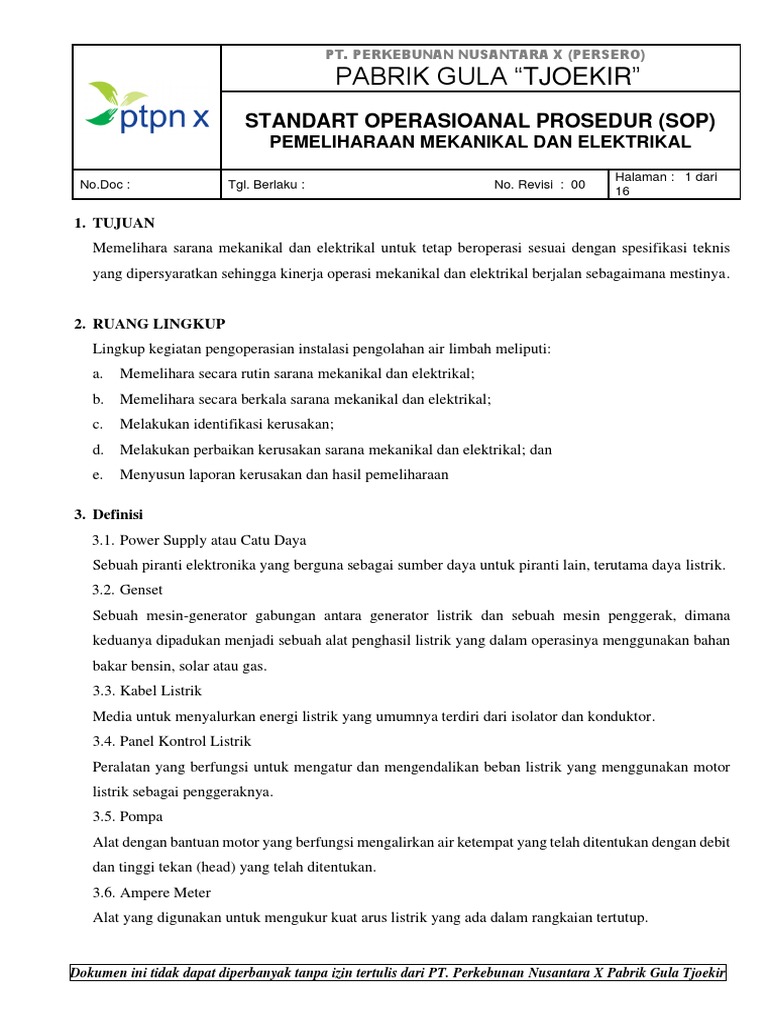SOP Pemeliharaan Mekanikal Dan Elektrikal | PDF