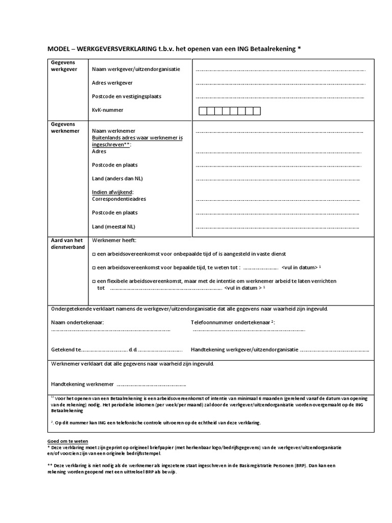 ING Model Werkgeversverklaring tcm162-199114 | PDF