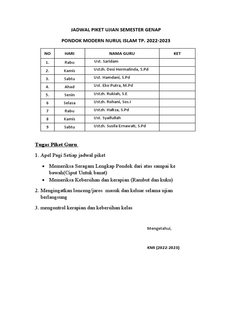Jadwal Piket Guru Pdf