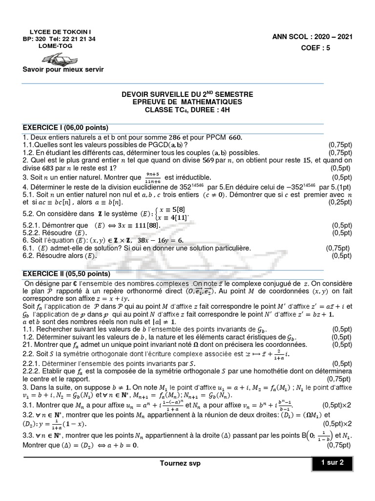 Devoir de Mathématiques TC4 - 2nd Semestre | PDF | Nombre complexe ...