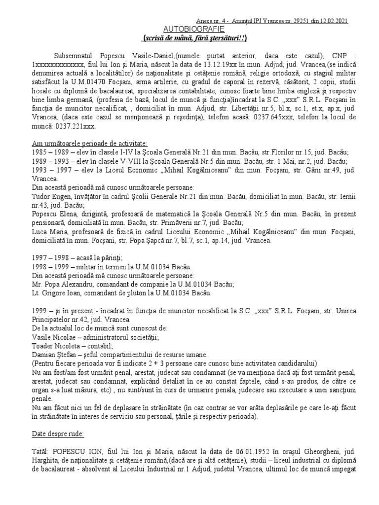Anexa 4 Anunt - Model AUTOBIOGRAFIE Candidat | PDF