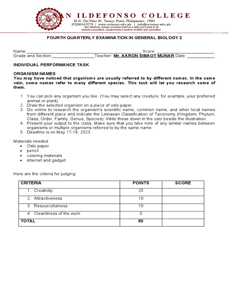 Fourth Quarter Examination in General Biology 2 | PDF