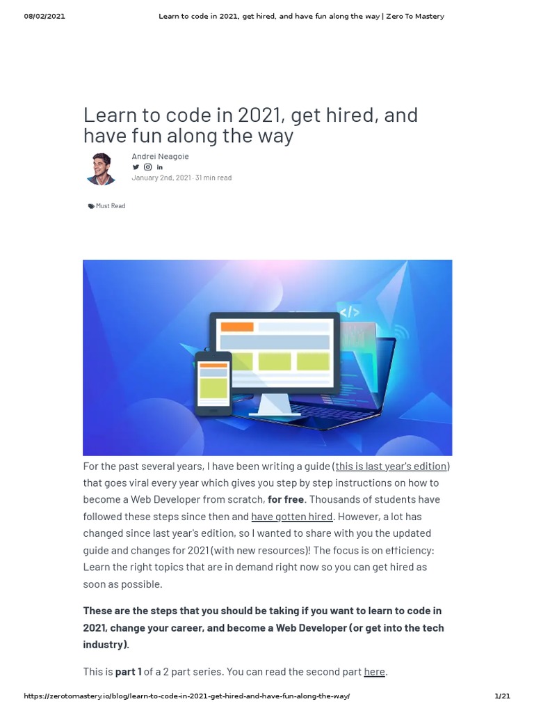 Learn To Code in 2021, Get Hired, and Have Fun Along The Way - Zero To Mastery | PDF