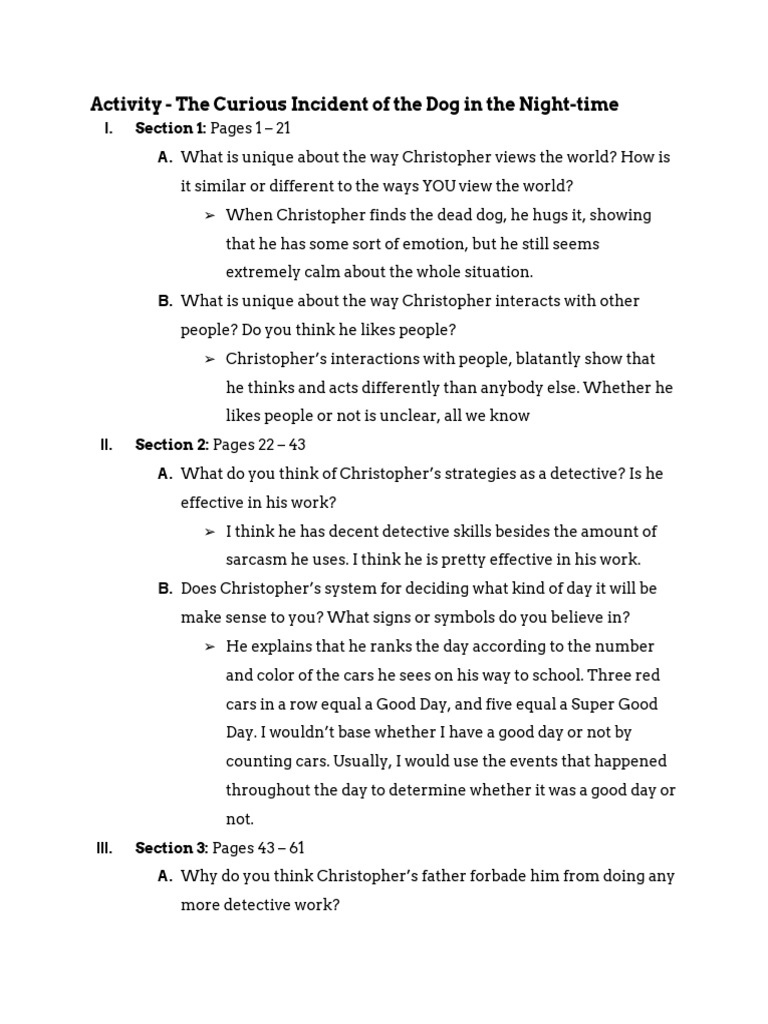 Activity a – the Curious Incident of the Dog in the Night-time (1 ...