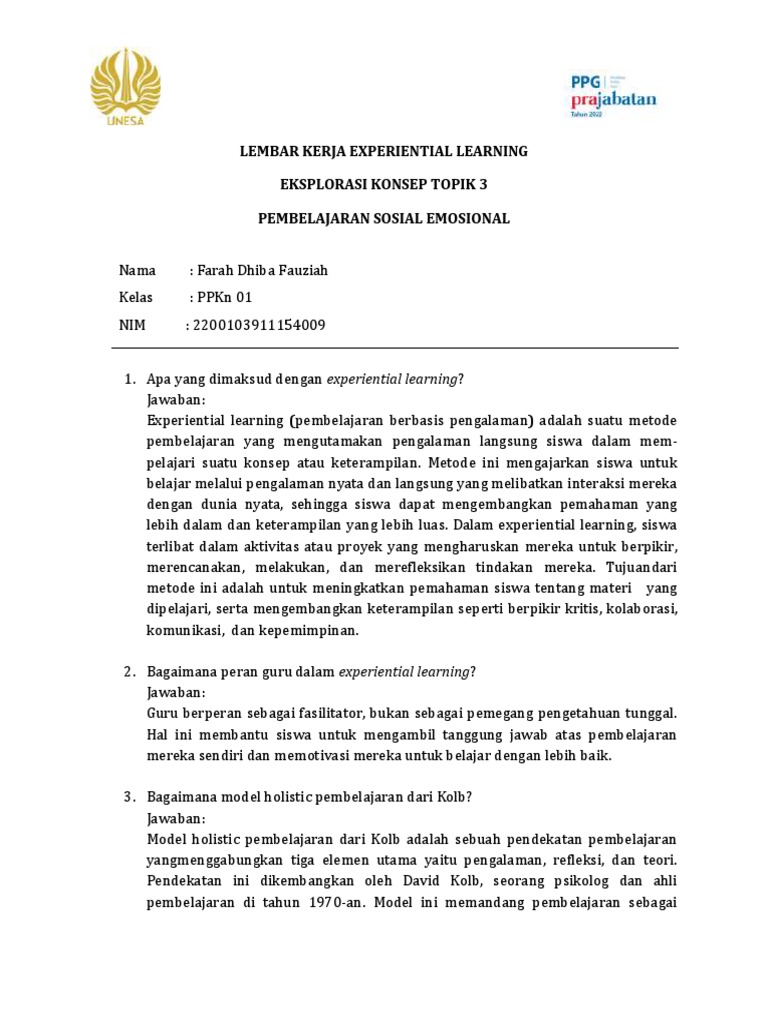 Farah Dhiba Fauziah - Topik 3 Lembar Kerja Eksplorasi Konsep - Pembelajaran Sosial Emosional | PDF