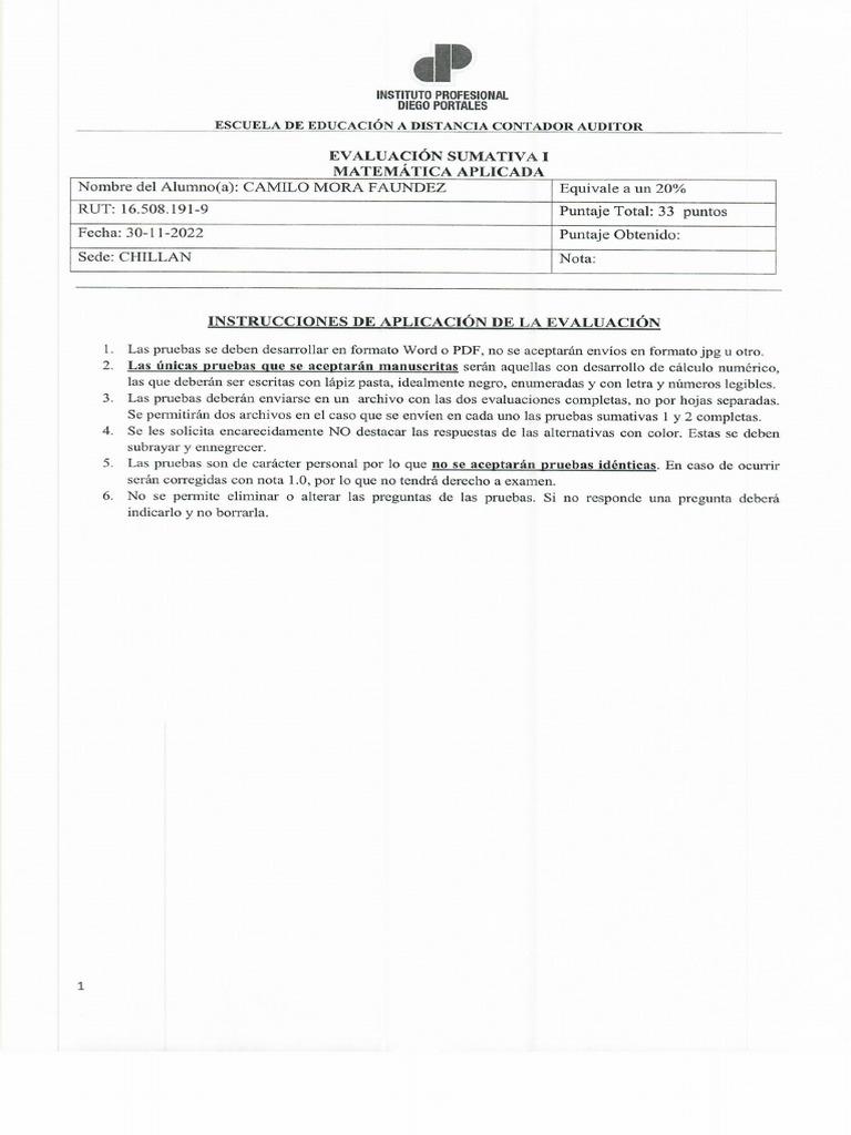 Evaluacion Sumativa 1 y 2 Matematica Aplicada | PDF
